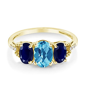 Gem Stone King 10K Yellow Gold 3-Stone Diamond Engagement Ring 2.12 Ct Oval Checkerboard Swiss Blue Topaz Blue Sapphire (Size 7)