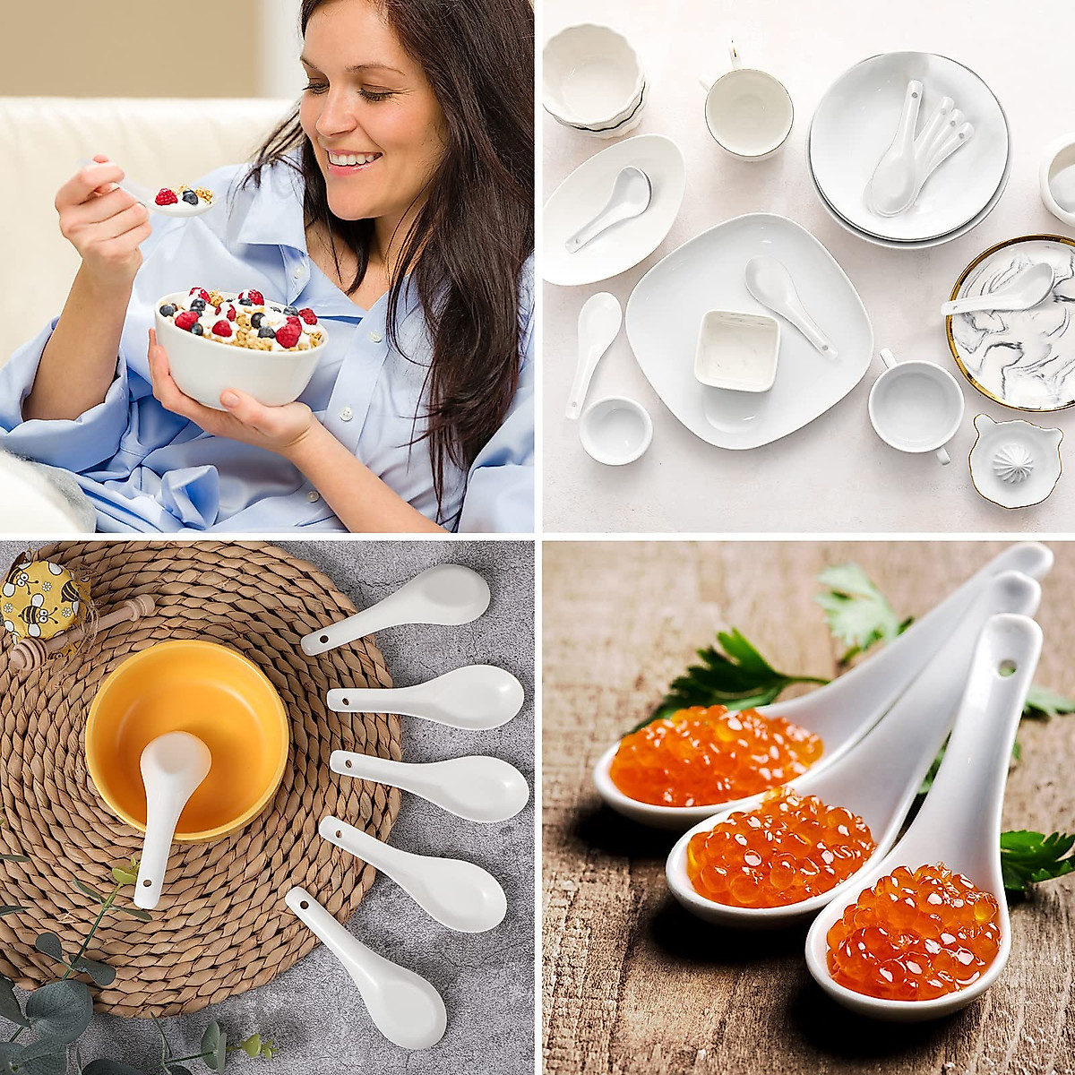 50 Pieces Ceramic Soup Spoons Bulk Chinese Spoon Sets Ceramic Asian Spoons Ceramic Chinese Spoons Porcelain Ramen Spoons with Long Hooked Handles for Cereal Pho Wonton Miso Appetizer