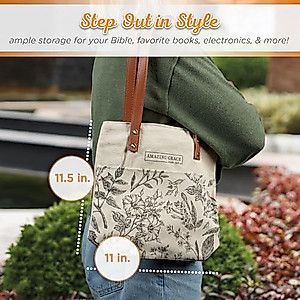 Christian Art Gifts Canvas Floral Tote Bag for Women: Amazing Grace Inspirational Scripture for Shopping, Supplies, Books, Accessories, Vegan Leather, Pocket, Zippered Closure, Creamy Tan & Brown