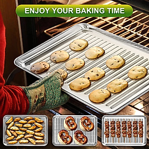 Quarter Sheet Pan with Rack Set (2 Baking Pans + 2 Cooling Racks), CEKEE Stainless Steel Cookie Sheets for Baking and Wire Rack Set, Nonstick & Warp Resistant & Heavy Duty, Size 12 x 10 x 1 Inches