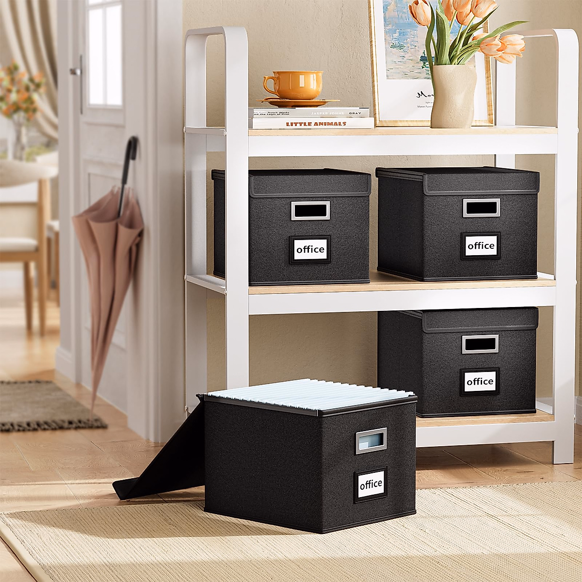 Huolewa Upgraded Portable File Organizer Box, Large Linen Hanging Office Document Storage Box with Lid - Black, Collapsible Filing & Storage Boxes for Office/Decor/Home - 14.9 x 12.59 x 10.8 inch