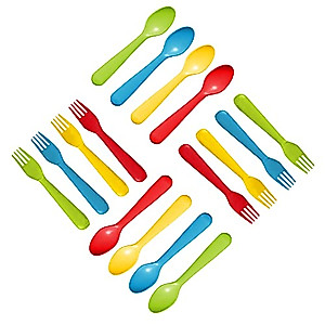 Plaskidy Plastic Toddler Utensils Set 8 Kids Forks and 8 Kids Spoons - BPA Free/Dishwasher Safe Toddler Silverware Brightly Colored Kid Plastic Cutlery Set, Great for Kids and Toddlers Utensils