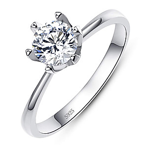 AVECON Sterling Silver Round 1.25ct CZ 6 Prong Classic Solitaire Wedding Engagement Ring 7MM Size 8