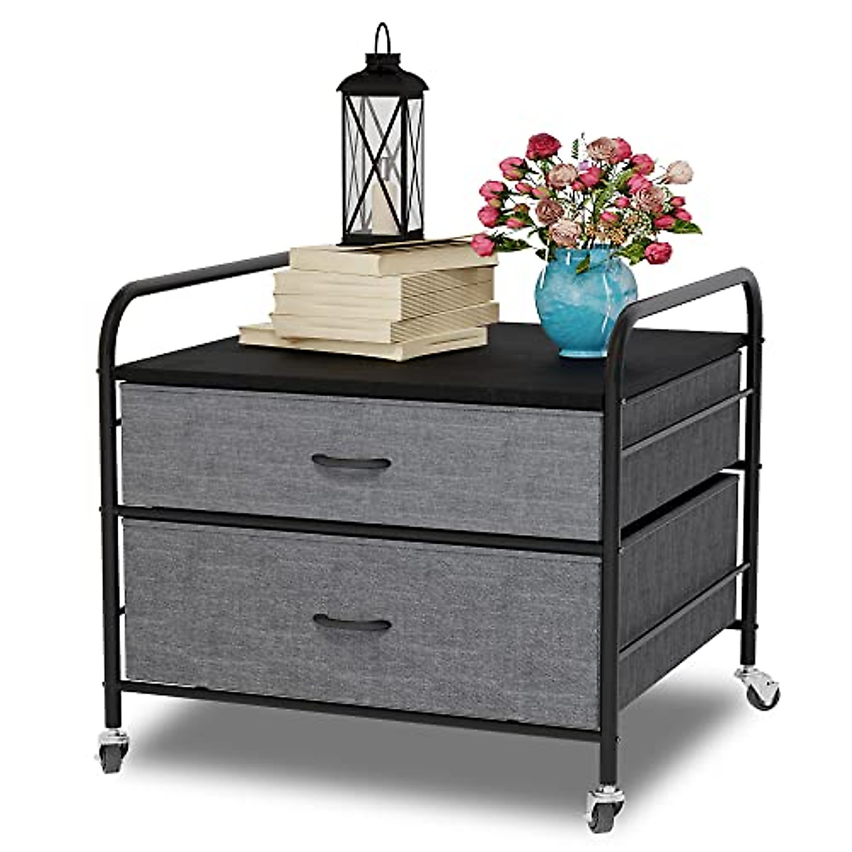 Alavoco Fridge Stand, Mini Fridge Table, 2 Drawer Fridge Cart, Mini Fridge Stand with Storage, Metal Frame Wooden Top, 4 Swivel Wheels for Home Kitchen, Black