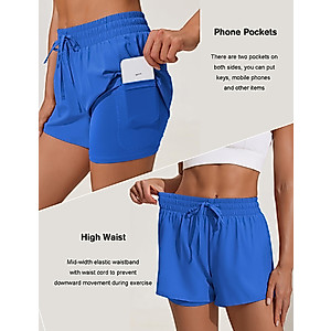 PINSPARK Womens High Waisted Running Shorts Soft Liner 4'' Dolphin Quick Dry Athletic Gym Track Workout Shorts with Pockets Royal Blue L