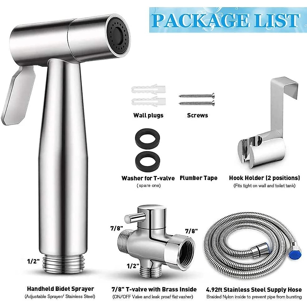 Bidet Sprayer for Toilet,Handheld Bidet Spraye,Cloth Diaper Sprayer Water Kit,Bathroom Hand Held Bidet Shower for Self Cleaning,Stainless Steel and Easy to Install