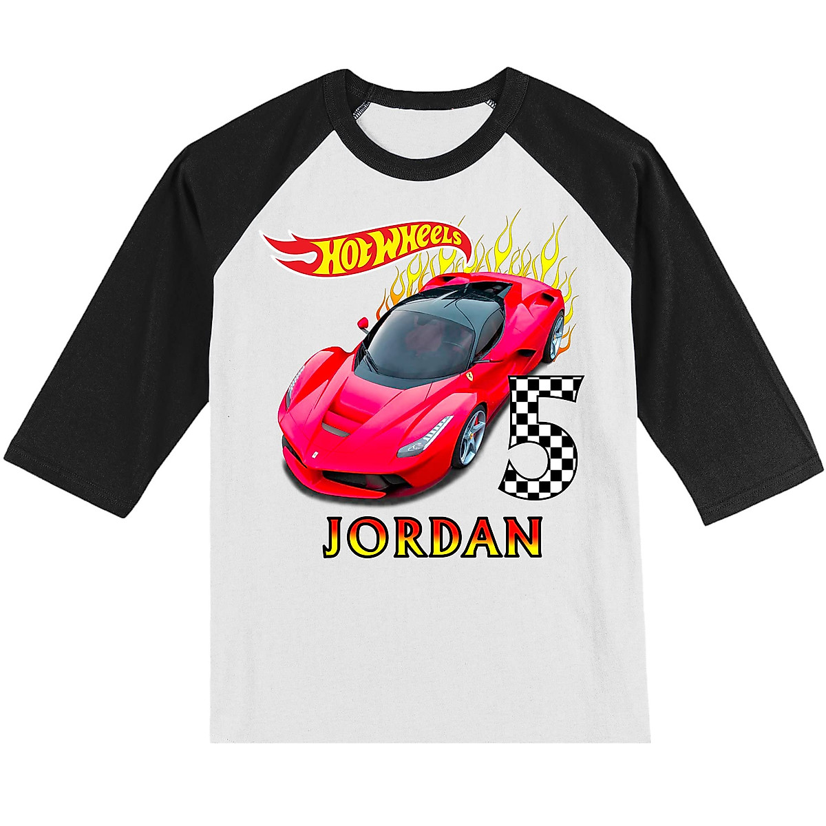 Personalized Hot Race Car Birthday Shirt | Personalized with Name and Age | Unisex 3/4 Sleeve Raglan T-Shirt