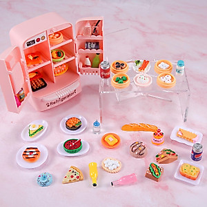 95 Pcs Dollhouse Refrigerator Mini Fridge Table Dining Car Toy with Food Set Kitchen Furniture Miniatures Party Fruits Juice Milk Desserts for Children Drink Cake Pretend Play Game Fake Ice Cubes