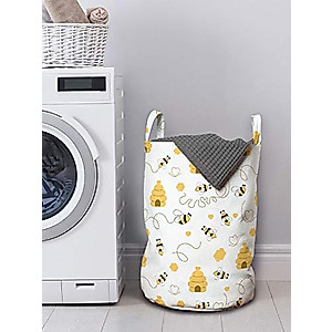 Ambesonne Bee Laundry Bag, Pattern of Flying Bugs Forming Heart Shapes with Beehives Mother Nature Creatures, Hamper Basket with Handles Drawstring Closure for Laundromats, 13" x 19", Mustard White
