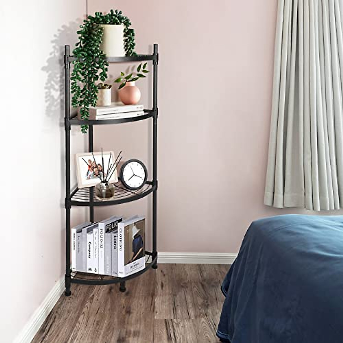 YSSOA 4 Tier Corner Display Rack Multipurpose Metal Shelving Unit, Bookcase Storage Rack Plant Stand for Living Room, Home Office, Kitchen, Small Space, 1-Pack, Black