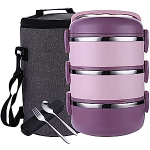 DILUOOU Stackable Lunch Box, 3 Tier Stainless Steel Thermal Lunch Box,Bento Lunch Box for Adult With Lunch Bag & Utensils (Pink)