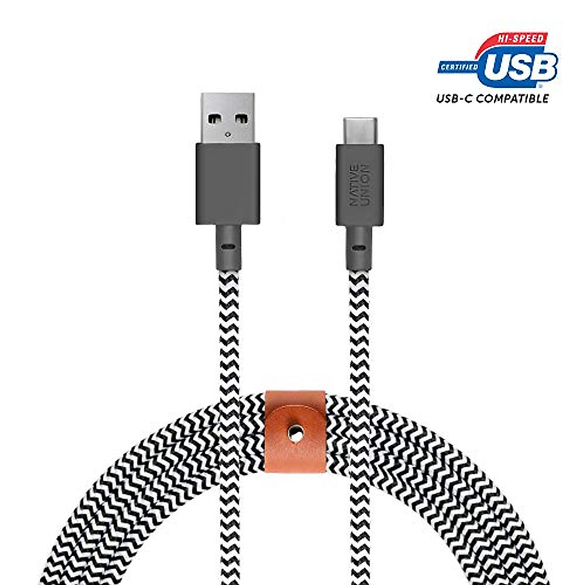 Native Union Belt Cable XL USB-C to USB-A - 10ft Ultra-Strong Charging Cable with Leather Strap Compatible with Samsung Galaxy Z Fold4, Flip4 / S22 Ultra, Pixel 7 Pro, iPad Pro, Air 5, Mini 6 (Zebra)