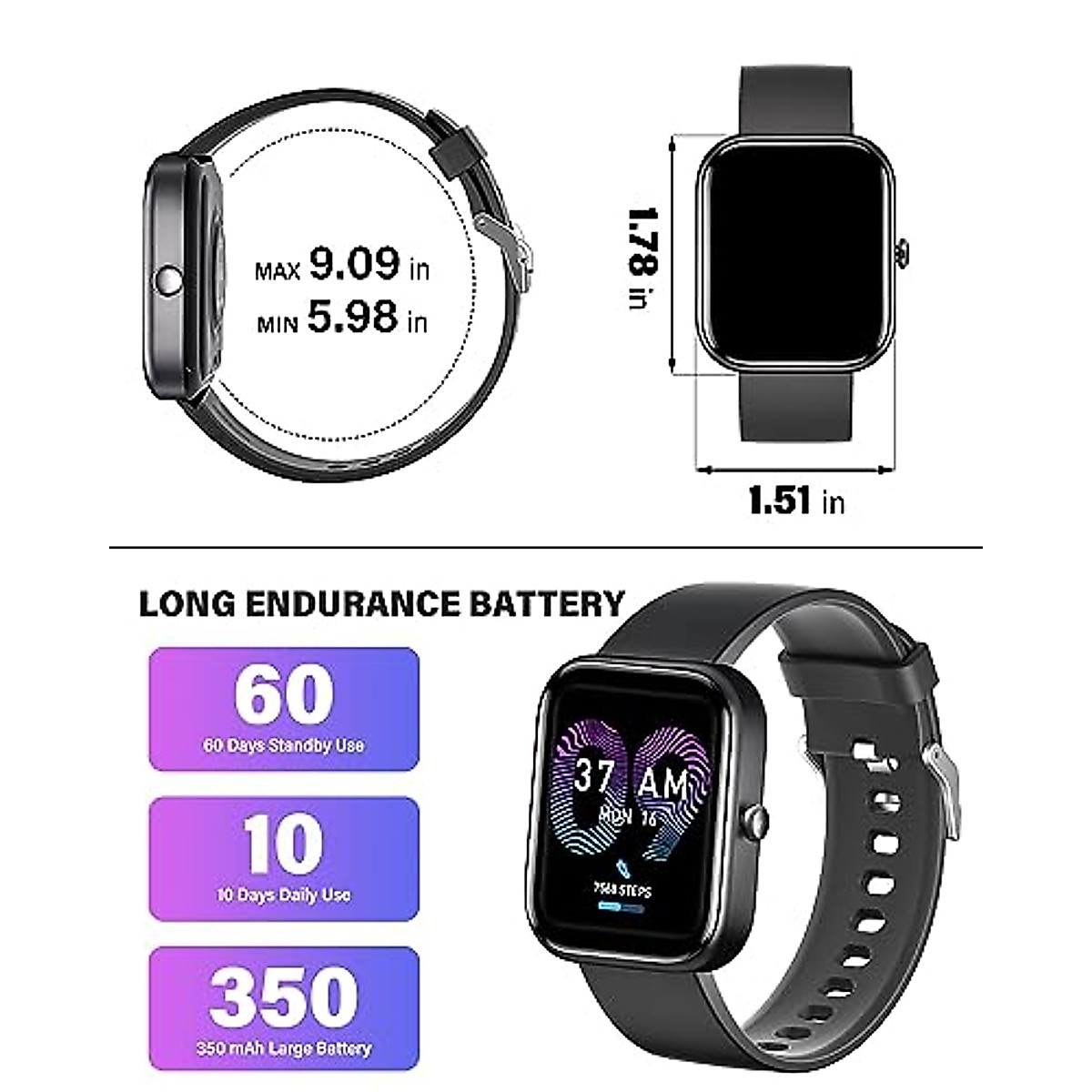 Vikie Smart Watch, Call Function, 2.0" Screen, IP67 Waterproof Smartwatch for iPhone & Android Phones with Bluetooth, Voice Assistant, Heart Rate/Blood Oxygen Monitor Fit Tracker for Women Men (Black)