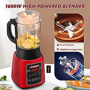 LANUEVA 8 In 1 Professional Countertop Cooking Blender, 59 oz Hot and Cold Blender with Self-Cleaning for Shake, Smoothies, Crushing Ice, Soup, Soy Milk, 8 Leaf SUS Blades Red Blender(Recipe Included), 110V
