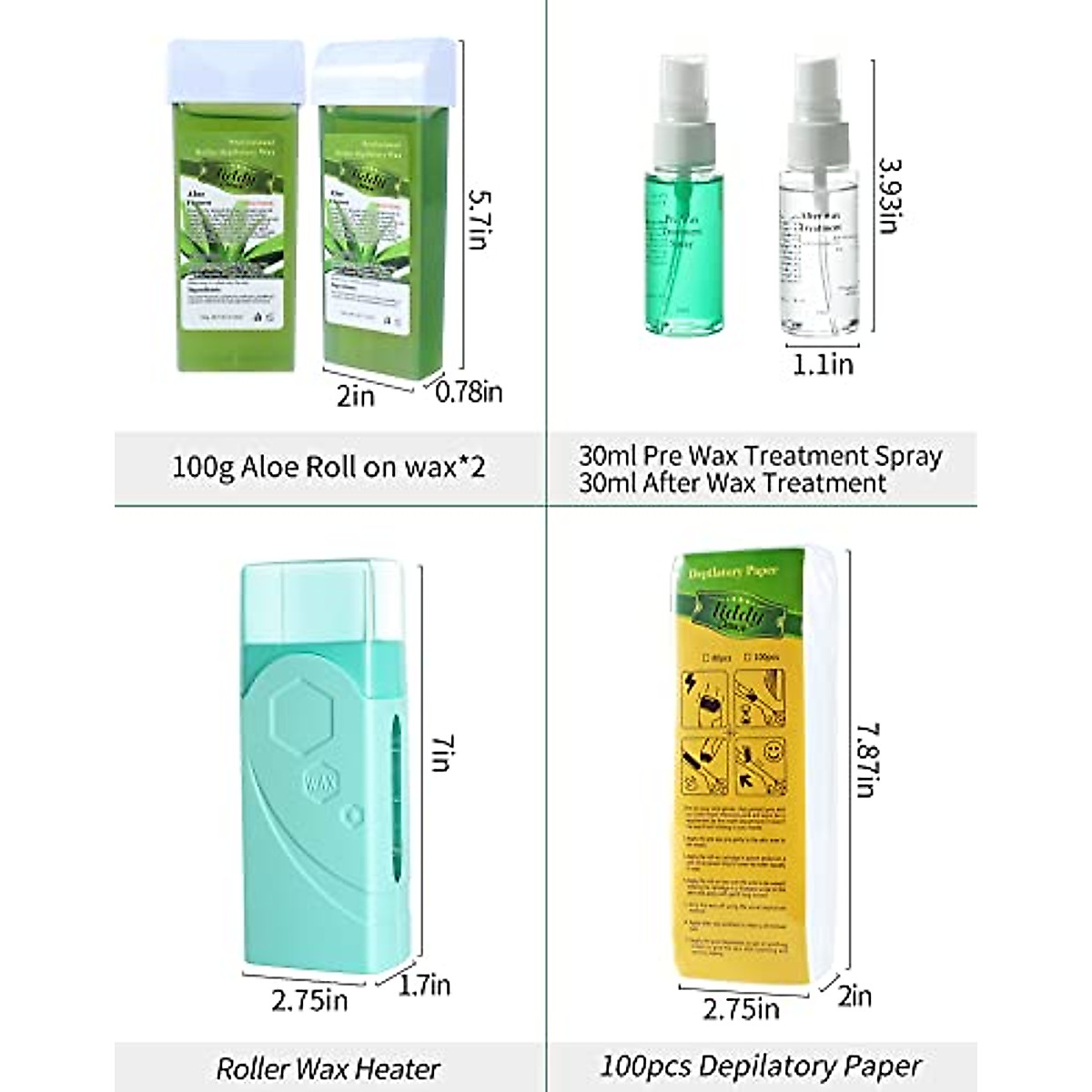 Roller Waxing Kit for Sensitive Skin, Aloe roll on wax cartridge warmer for arms, legs and larger areas of the body hair removal, at home waxing kit for women and men