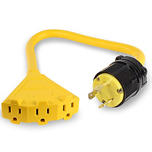L5-30 to Triple 5-15R Generator Power Cord Adapter, by Journeyman Pro | 30A to 15A/110V 3-Way Splitter | 3-Prong Distribution Cords (2'FT L530P to Triple 5-15R)