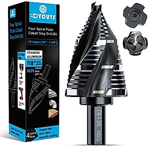 M35 Four Spiral Flute Step Drill Bit Set 1/4" - 1-3/8" （19 Sizes, 1/4" Hex Shank Unibit Step Drill bit, Impact Resistant M35 Cobalt Step Drill Bit, for Stainless Steel, Wood, Aluminum, Plastic