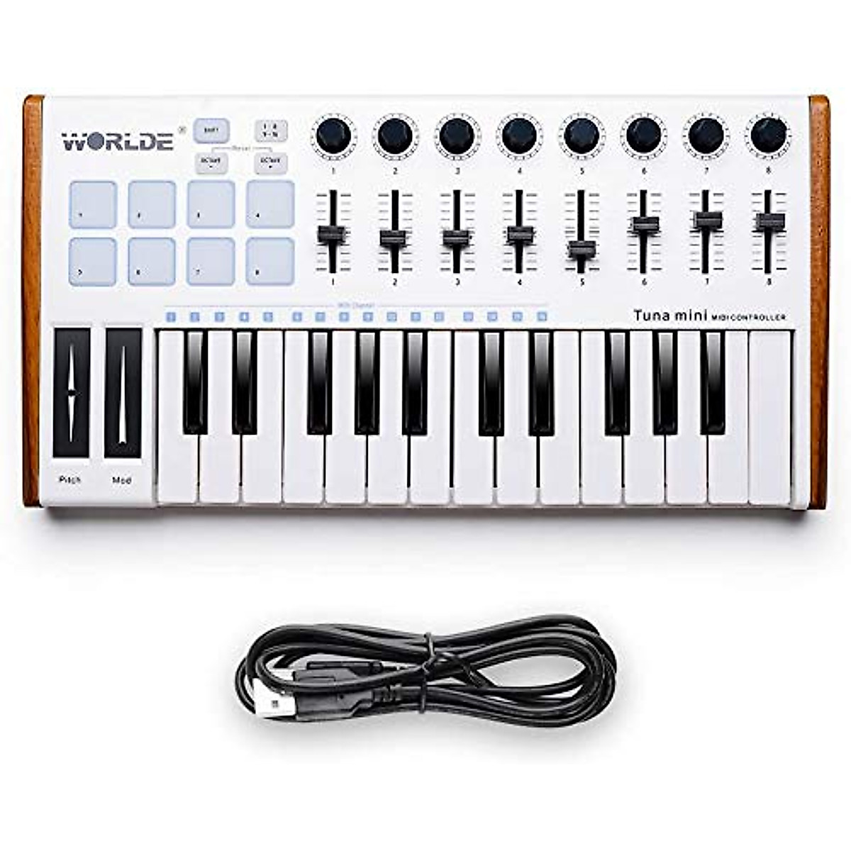 HX Worlde 25 Key USB Portable Tuna Mini MIDI Keyboard MIDI Controller with 8 Knobs, 8 Drum Pads, 8 Faders, Wood Imitation Rim, Pedal Interface, for Mac and PC