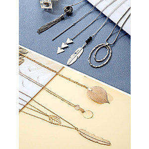 Hicarer 12 Pieces Long Pendant Necklace Set Y Tassel Leaf Circle Bar Necklace for Women (Classic Style)