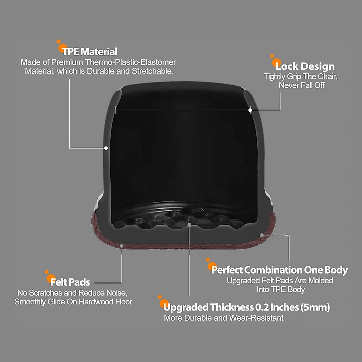 Ezprotekt 24 Pcs Square Chair Leg Floor Protectors with Felt, Silicone Felt Furniture Pads for Hardwood Floor, Dining Table Leg Caps Covers No Scratches and Noise (L Fit: 1-1/10" to 1-3/10", Black)