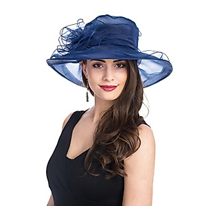 Lucky Leaf Women Church Cap Wide Brim Summer Sun Hat for Party Wedding(Hat1-2-Peacock Blue New)