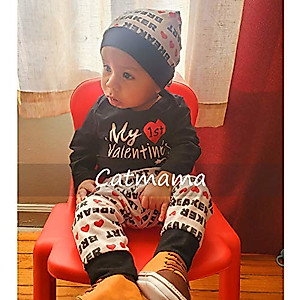 Catmama 3PCS Baby Boys Girls My First Valentine's Long Sleeve Heart Breaker Pants with Hat (Black-Long Sleeve, 6-12 Months)