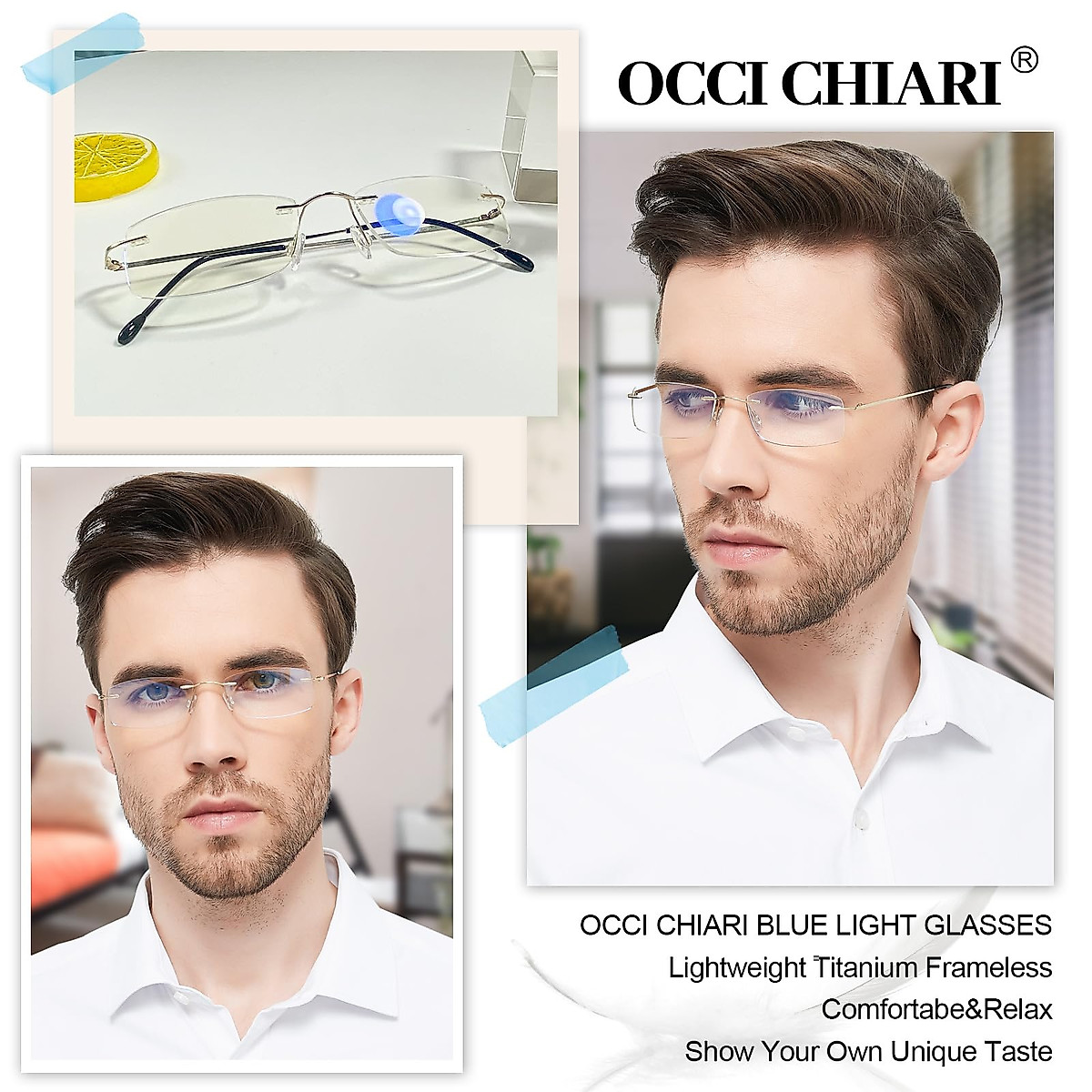 OCCI CHIARI Gold Blue Light Reading Glasses for Men Titanium Frameless Readers 2.0X Lightweight(1.0 1.25 1.5 1.75 2.0 2.25 2.5 2.75 3.0 3.5 4.0 5.0 6.0)