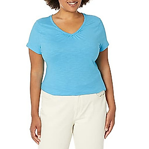 Hanes Women's Shirts, Slub Cotton Shirred V-Neck Tee, Cotton T-Shirts for Women, Women’s Tee Shirts