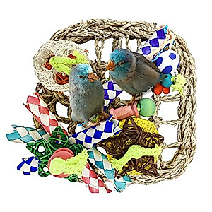 Parrot Toys Bird Foraging Toys, Seagrass Woven Climbing Hammock Net with Colorful Chewing Toys, for Lovebird Parakeets Cockatiel Conure Budgie,Cockatoo