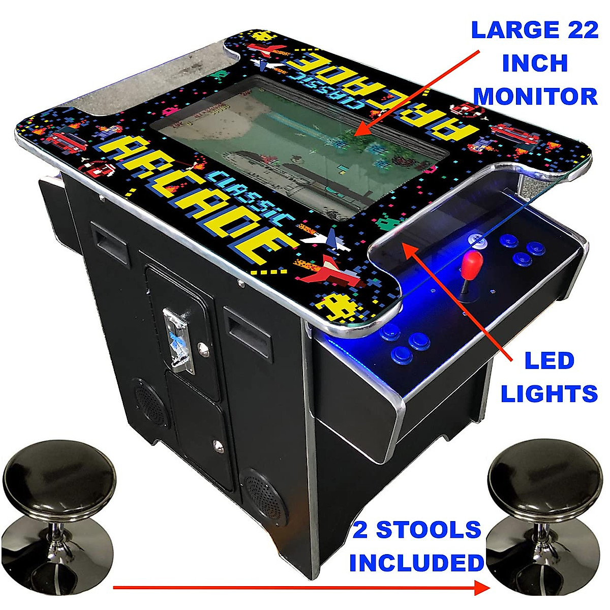 Top Us Video Arcades Full Size Commercial Grade Cocktail Arcade Machine 2 Player Retro 60 Games 22" LCD Screen Tempered Glass 2 Stools Included 5 Year Warranty Black