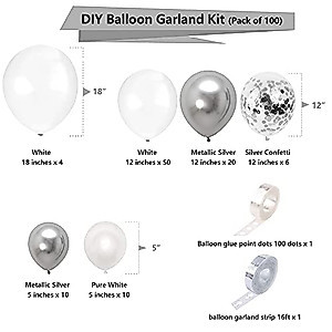 White and Silver Balloon Garland Arch Kit, 100 pcs 18/12/5 inch Pure White and Silver Confetti Latex Balloons for Party Decorations