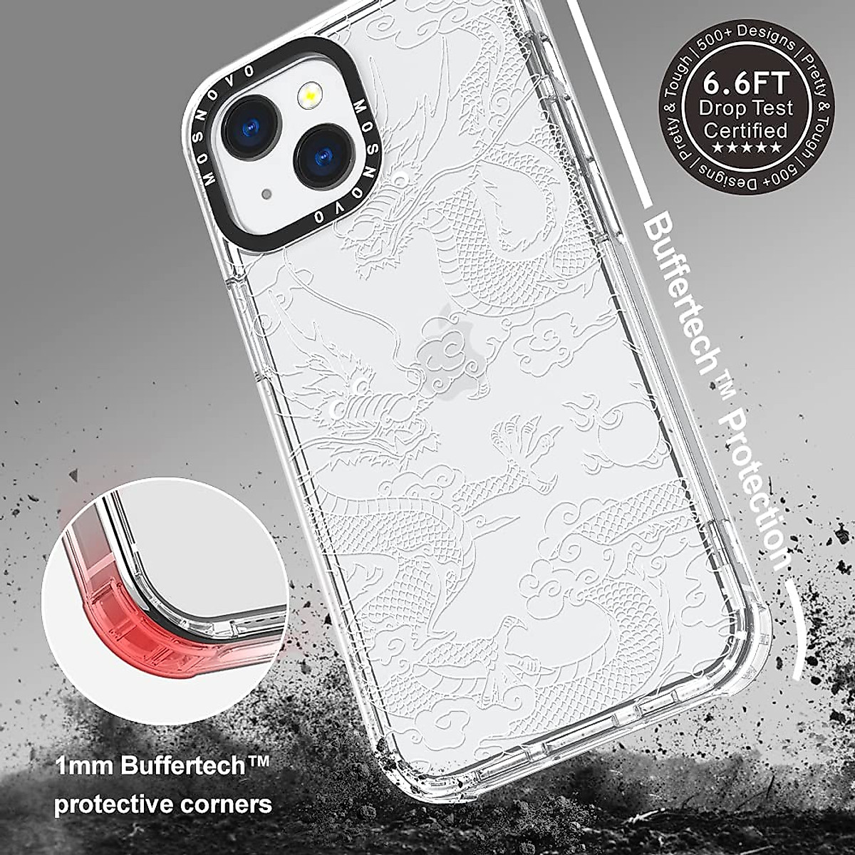 MOSNOVO Case for iPhone 13, [Buffertech 6.6ft Military-Grade Drop Protection] [Anti Peel Off Tech] Clear TPU Bumper Phone Case Cover Design - White Dragon