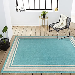 JONATHAN Y SMB201B-5 James Modern Border Stripe Indoor Outdoor Farmhouse Transitional Area Rug,High Traffic,Kitchen,Living Room,Backyard,Non Shedding,5 X 8,Aqua/Beige