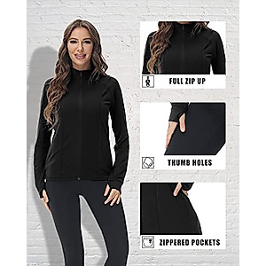 COZZIPLUS Women Workout Zip Up Running Athetic Jacket-Women Stretchy Yoga Zip Top with Thumb Holes and 2 Pockets (Black,L)