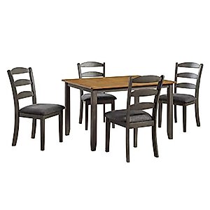 OSP Home Furnishings West Lake Dining Table Set, 5-Piece, Antique Finish Natural Top and Grey Base with Charcoal Fabric