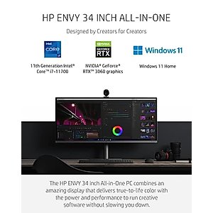 HP Envy 34” All-in-One Desktop, NVIDIA GeForce RTX 3060, 11th Gen Intel Core i7-11700 Processor, 32 GB RAM, 1 TB SSD, WUHD IPS Display, Windows 11 Home, Detachable Magnetic Camera (34-c0050, 2021)