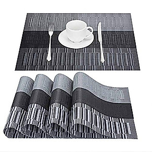 GIVERARE Placemats Set of 4, Heat-Resistant Woven Vinyl Placemat, Non-Slip Washable PVC Table Mat, Easy to Clean Premium Plastic Table Mats for Dining Table, Kitchen Table (Black+Gray)