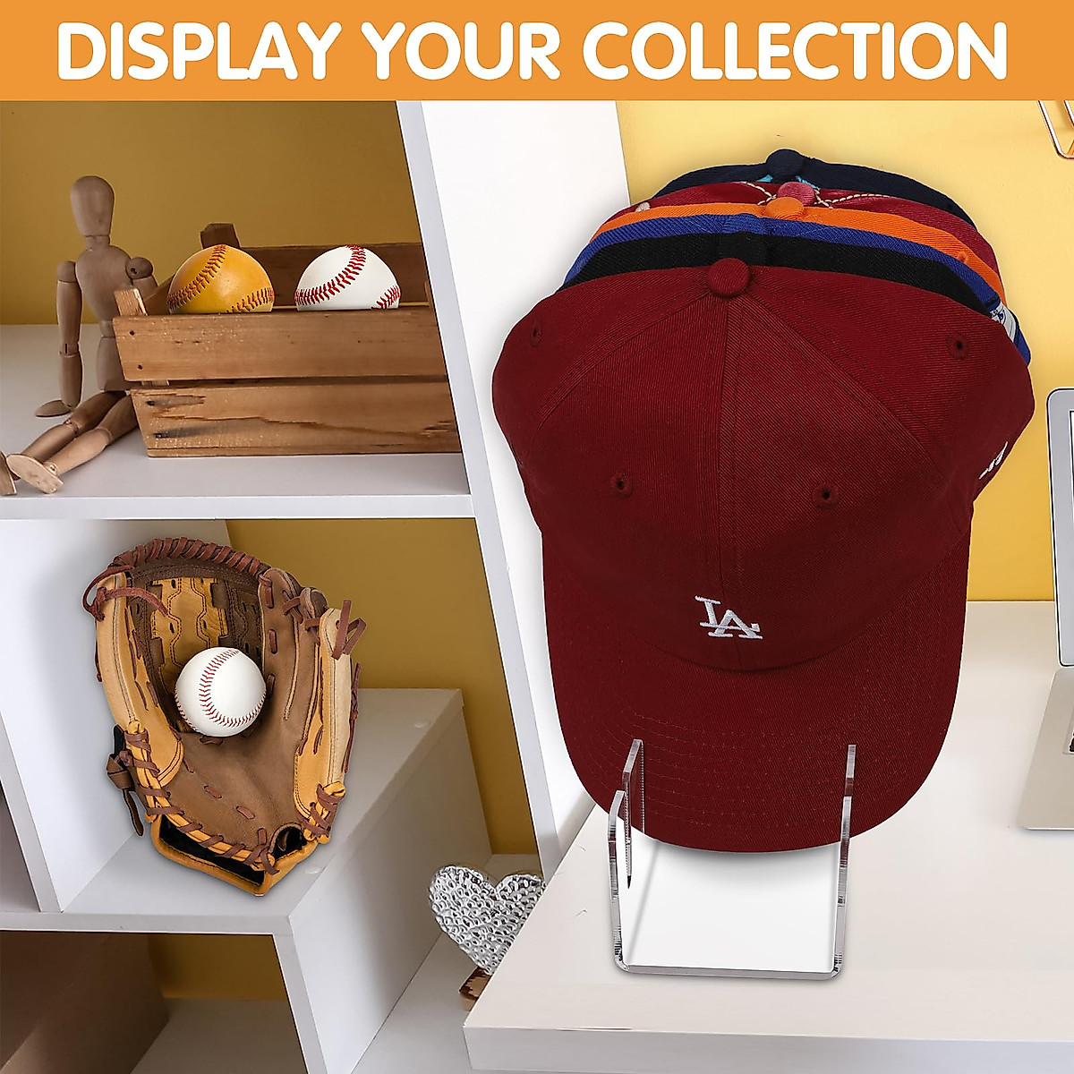 2 PCS Hat Stand for Baseball Caps Display and Storage,Hat Organizer for 14 Baseball Caps,Acrylic Baseball Hat Storage Organizer No Install,Baseball Hat Organizer for Bedroom, Closet (clear-2packs)