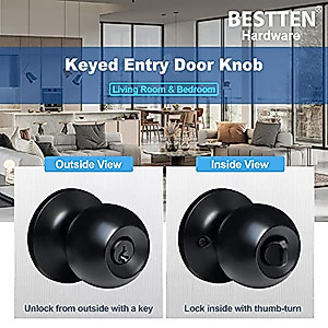 BESTTEN Matte Black Keyed Entry Door Knob, Entrance Door Lock, Standard Ball, All Metal
