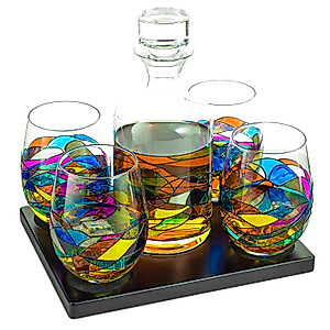 The Wine Savant Artisanal Hand Painted Glassware Gift for Mom, Wife, Friend - Artisanal Barcelona Hand Paint Whiskey & Wine Decanter Set, Renaissance Romantic Stain-glasses- Gift Multicolor