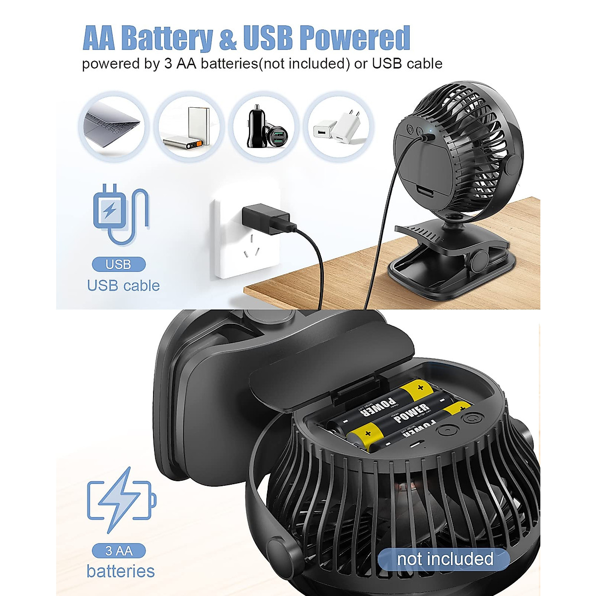 LEMOISTAR AA Battery Operated Clip on Fan, Stroller Fans, USB Powered Portable Desk Fan 4 Speeds Personal Golf Cart, Small Table Fan, Wireless, for Camping Hurricane Office Bed-Black