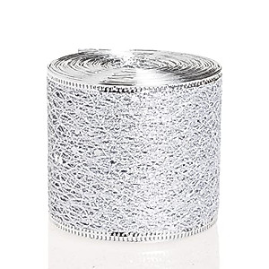 YASEO Silver Sparkling Glitter Mesh Ribbon, Christmas Wired Edge Ribbon for Home Decor and Xmas Tree, 2.5 Inches x 10 Yards