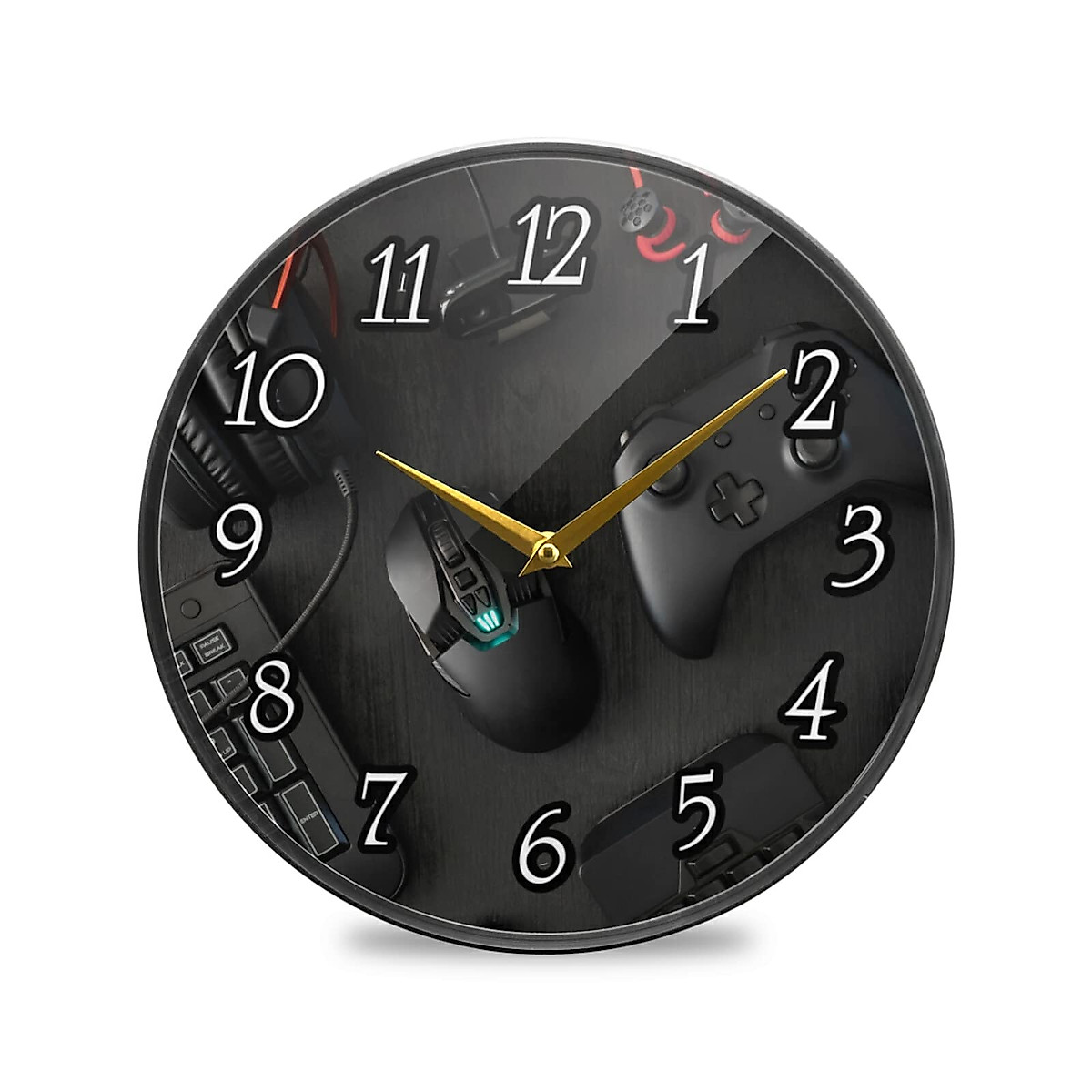 Gamer Work Space Concept Scrapbook Mouse, Keyboard, Joystick, Headset Wall Clock, Silent Non-Ticking Easy to Read Round Decorative Acrylic Wall Clock Art, for Living Room Home Office School 9.5 Inch