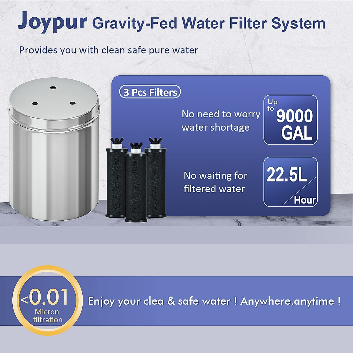Joypur High Capacity Gravity-Fed Water Filter System with 2.9 Purification Filters and Stand for Home Camping Travel Outdoor Activities Emergencies,2.9 Gallon Countertop Water Filter System
