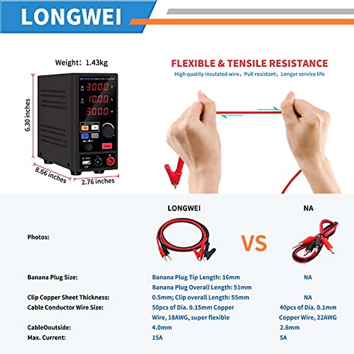 Programmable 30V/10A DC Power Supply Variable, Adjustable Switching Regulated Power Supply with 4-Digit Large Display Alligator Leads, 5V/2A USB Interface，2 Groups of Internal Memories.