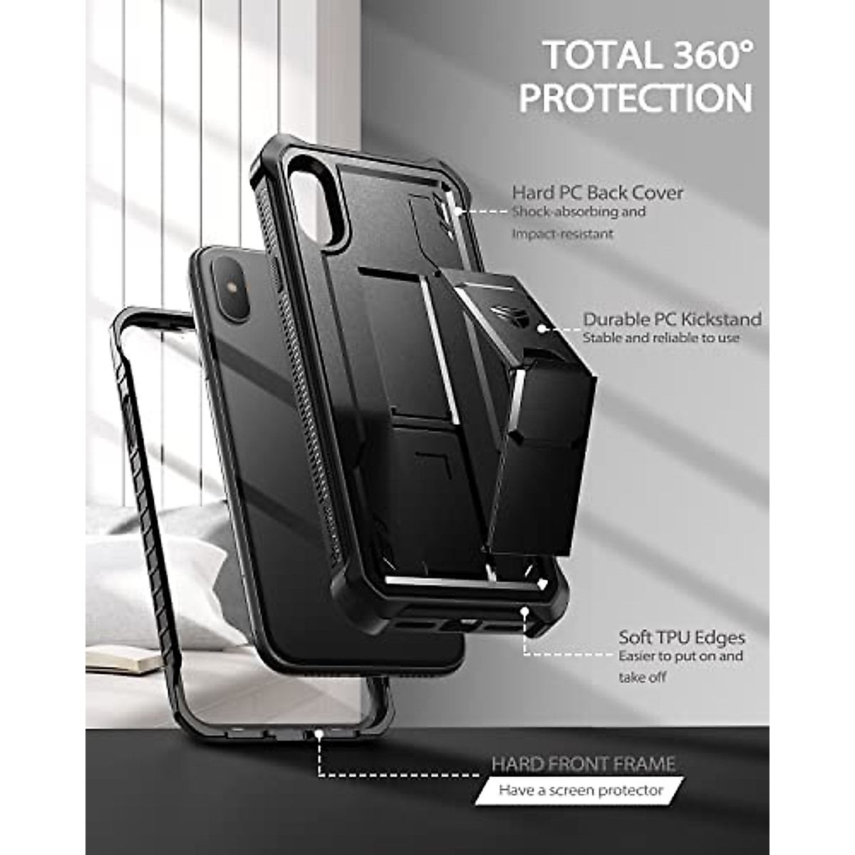 Dexnor for iPhone X/iPhone Xs Case, [Built in Screen Protector and Kickstand] Heavy Duty Military Grade Protection Shockproof Protective Cover for iPhone X/iPhone Xs, Black