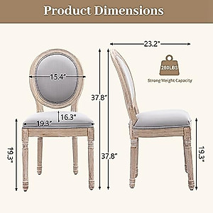 civama Dining Chairs Set of 4 French Vintage, Mid Century Upholstered Farmhouse Fabric Chair with Round Backrest and Solid Rubberwood Leg for Dining Room Bedroom Kitchen Restaurant, Light Grey