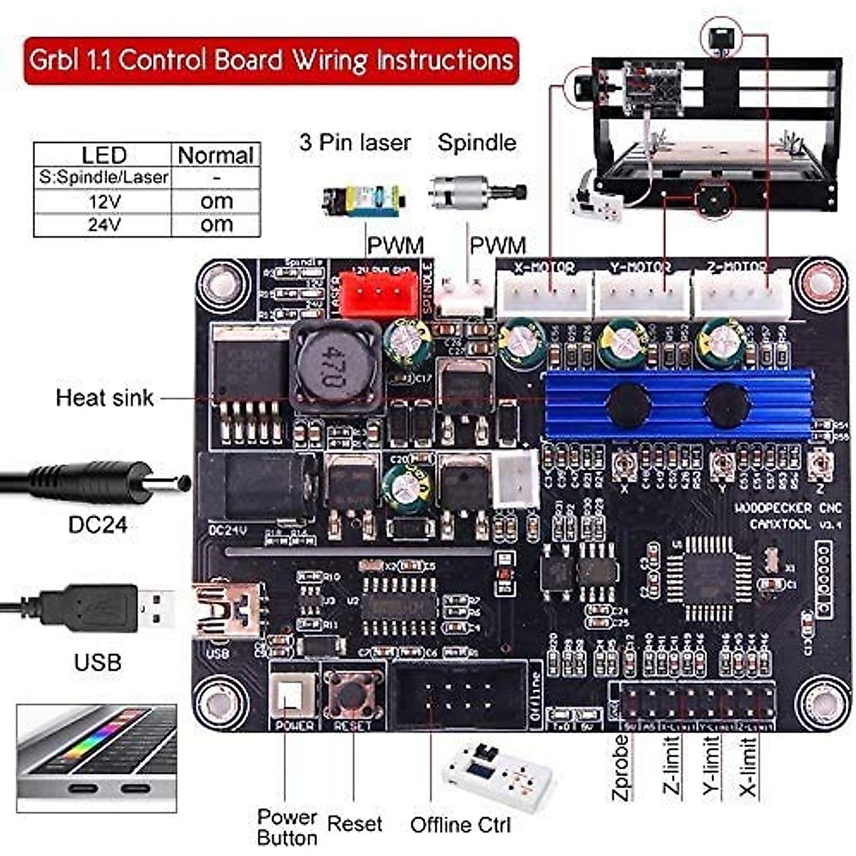2-in-1 7000 mW CNC 3018 Pro-M CNC Engraving Machine GRBL Control Router Kit 3 Axis PCB Milling Machine Wood Router Engraver with Offline Controller,XYZ Working Area 300 x 180 x 45mm