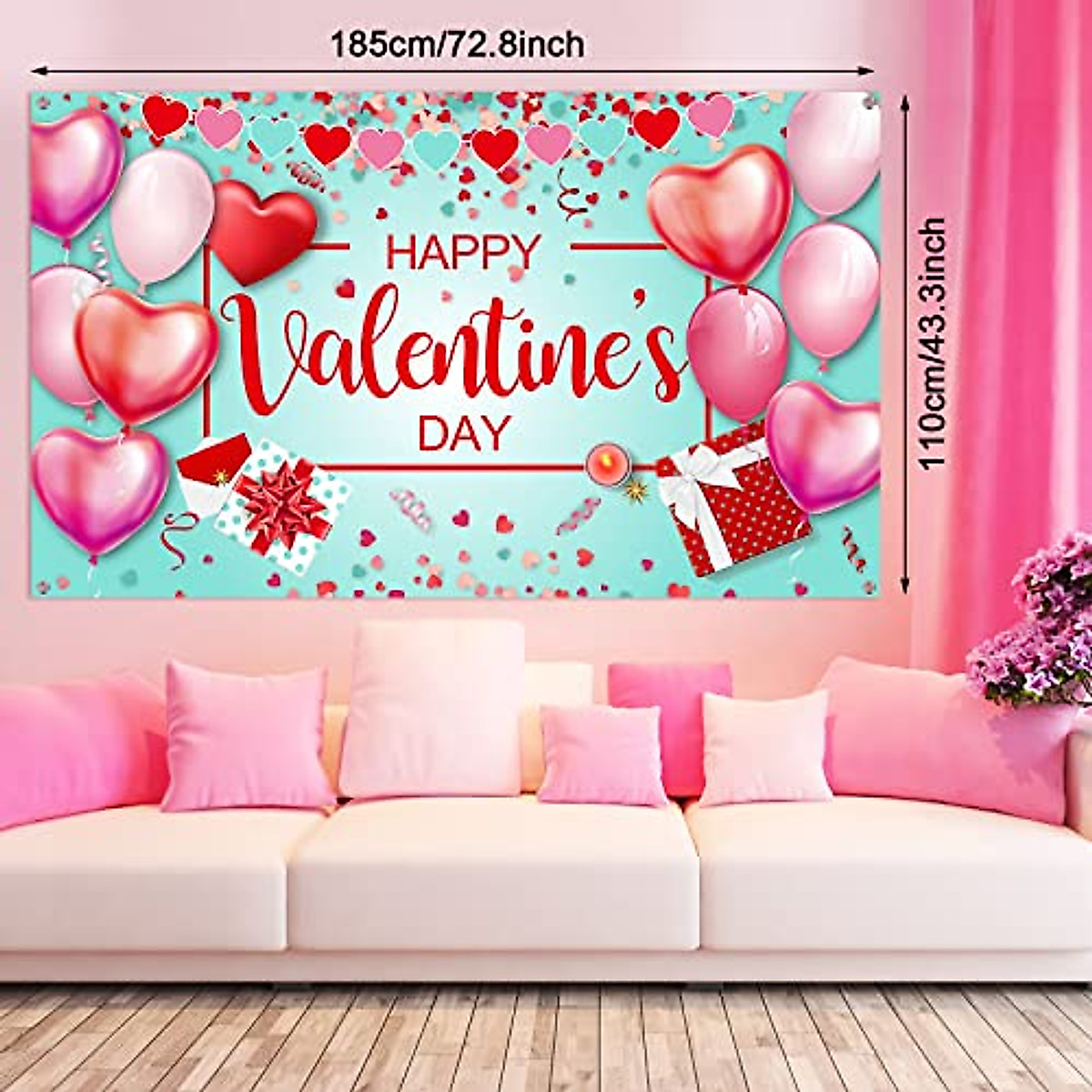 Happy Valentine's Day Backdrop Banner Polyester Valentines Backdrop Banner Large Valentine's Day Background Banner Decoration for Valentine Party Supplies and Decor (Mint Background)
