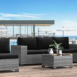 VONZOY Patio Furniture Set, Outdoor Sectional Sofa Sets, 6 Pieces Wide Armrest Grey PE Rattan Wicker Seating Conversation Set, 4'' Thickened Cushions 1 Glass Coffee Table for Backyard Poolside, Black